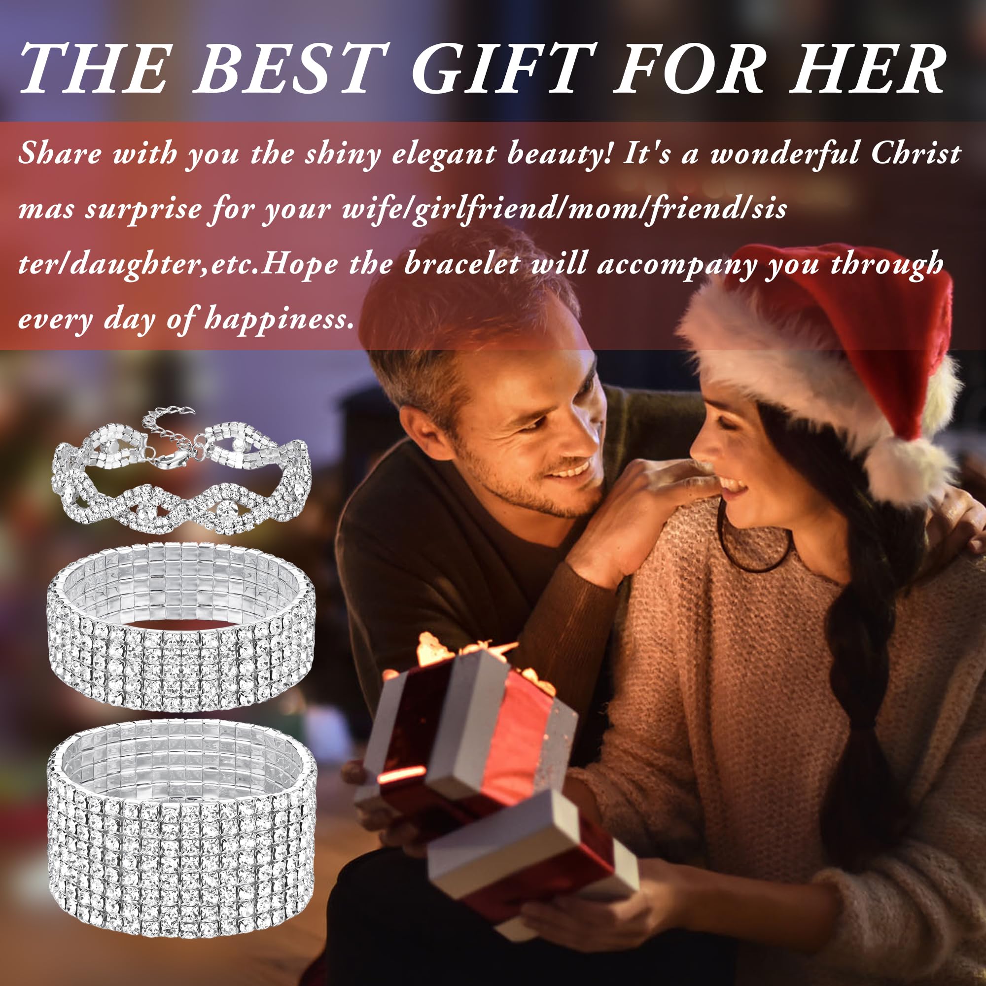 FIBO STEEL 3 PCS Rhinestone Stretch Bracelets for Women Bridal Sparkly Wedding Strand Tennis Bracelet Set Silver-Tone