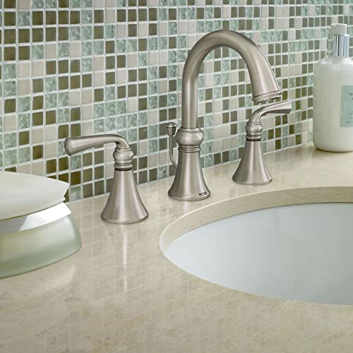 Moen Wetherly Spot Resist Brushed Nickel Two-Handle Widespread Bathroom Faucet with Valve Included, Bathroom Faucets for Sink 3-hole Deck Mounted Setup, WS84855SRN, β4.63 x 14 x 7.94 inches