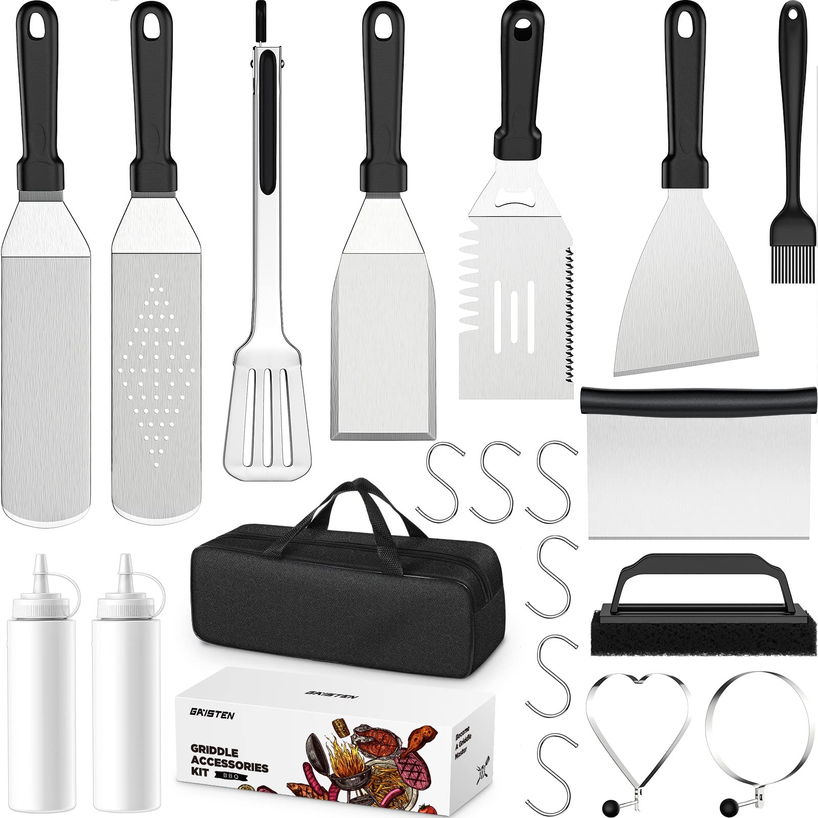 Griddle Accessories Kit for Blackstone, 20pcs Multifunctional Stainless Steel Griddle Tools Set for Flat Top, Cast Iron, Griddle Set with Spatula, Scraper, Hooks for Teppanyaki & Gas Grill Outdoor