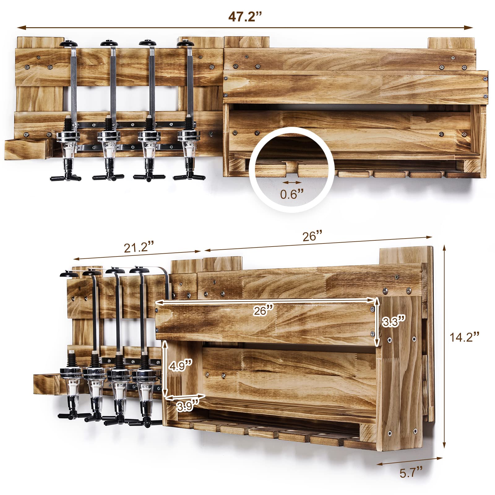 Homde Wine Rack Wall Mounted Wood Wine Shelf with Bottle Stemware Glass Holder Rustic Wine Display Storage Rack