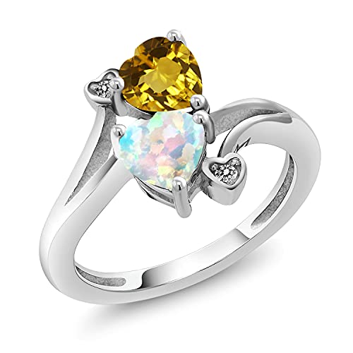Gem Stone King 1.43 Ct Heart Shape Yellow Citrine White Simulated Opal 925 Sterling Silver Diamond Ring (Size 9)