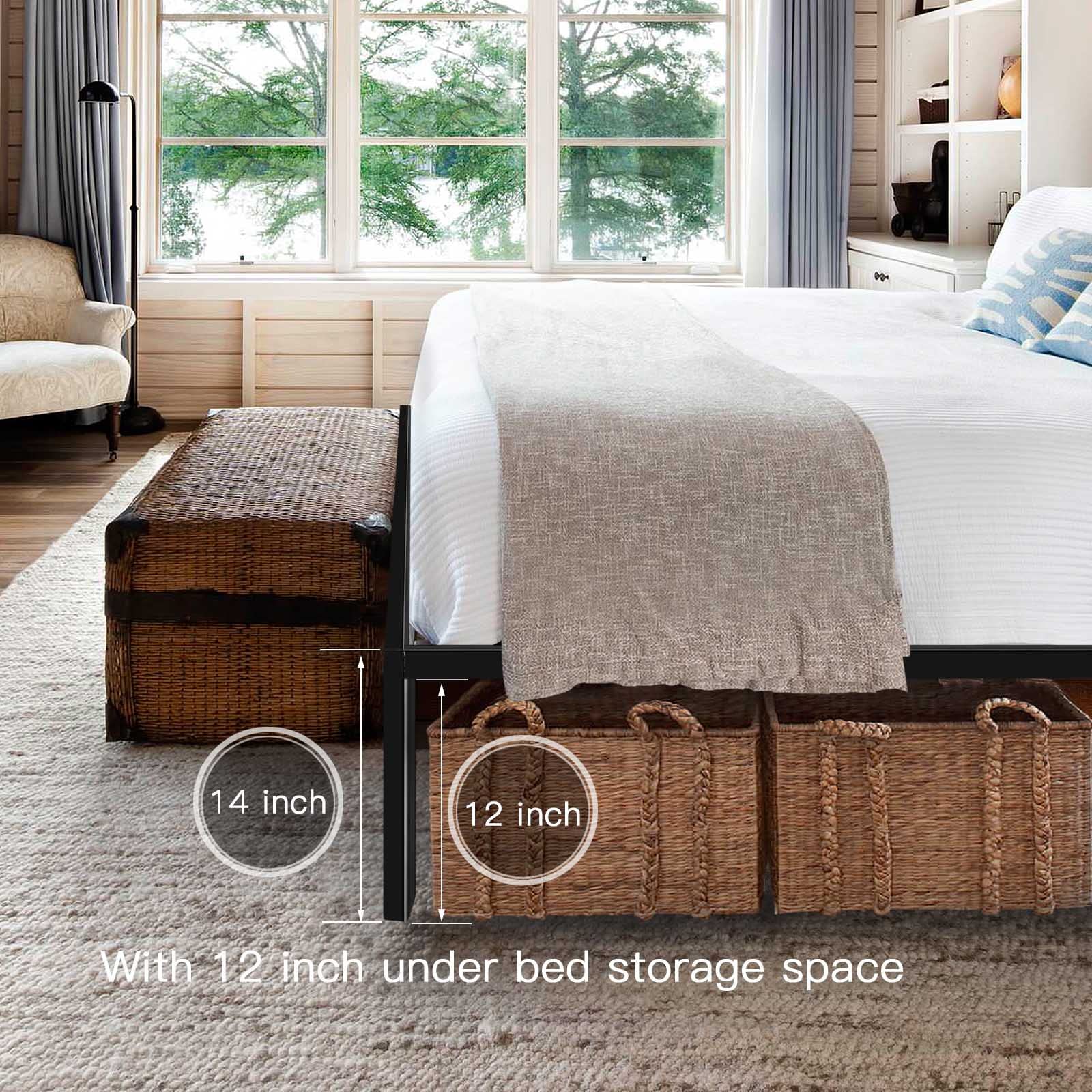 HAAGEEP King Platform Bed Frame with Storage 14 Inch Metal Beds Frames No Box Spring Needed Heavy Duty Black, A