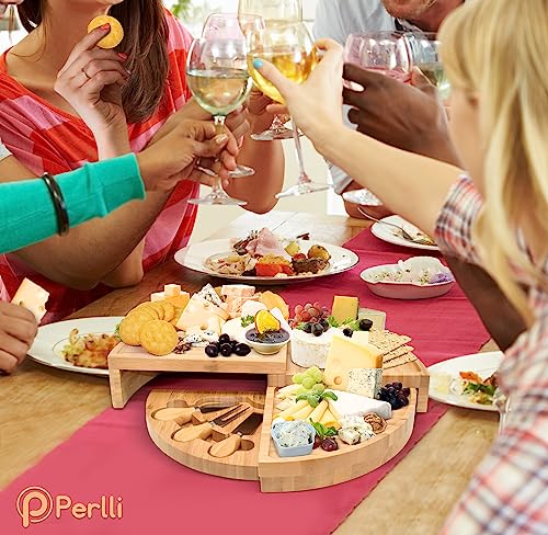 PERLLI Bamboo Cheese Board & Knife Set, Large Folding 18 Inch Round Wood Rotating Charcuterie Board Set Cheese Meat Wine Serving Tray Platter, Home Decor Holiday Gift Set