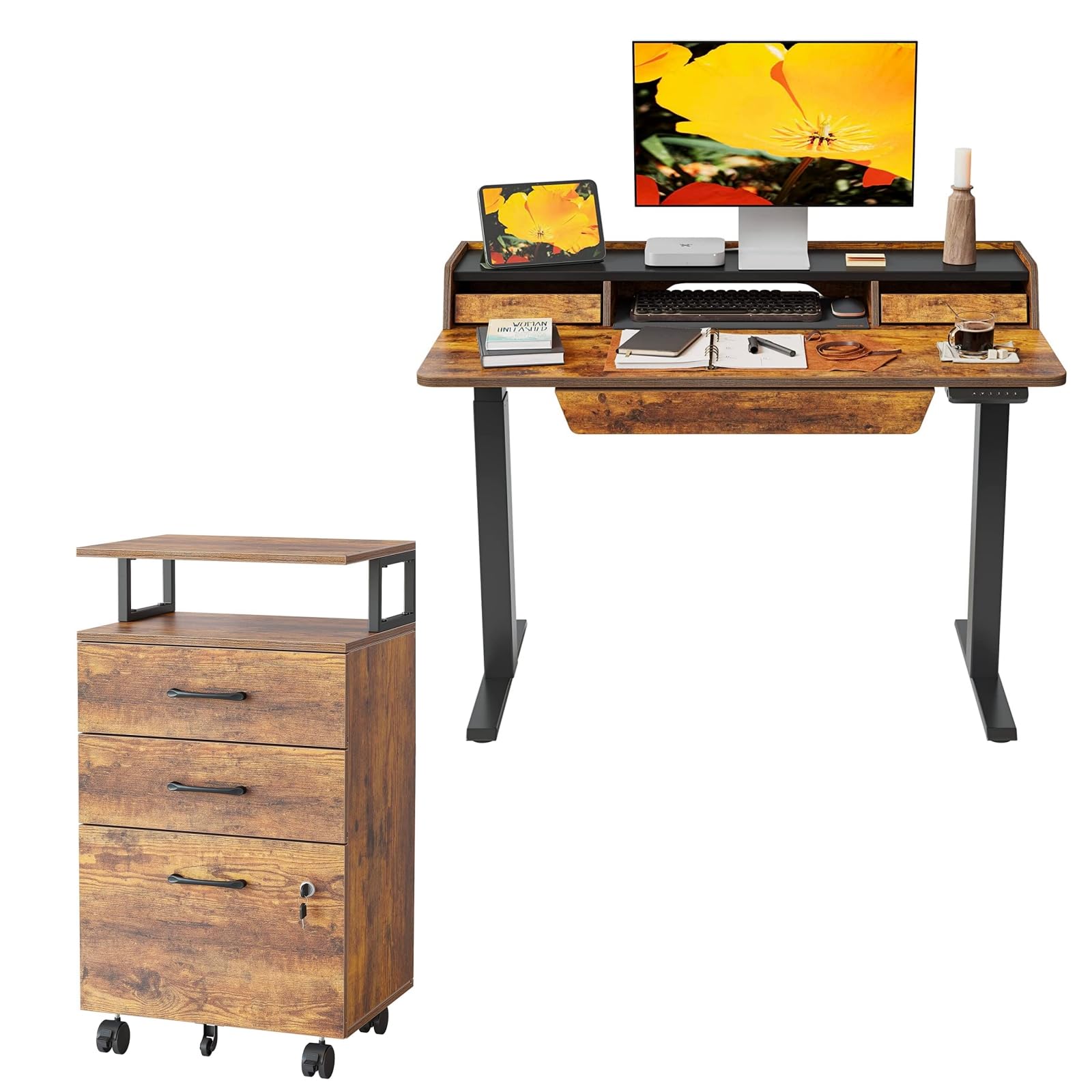 FEZIBO Electric Standing Desk, 48 x 24 Inches with 3 Drawers, Black Frame/Rustic Brown Top with File Cabinet