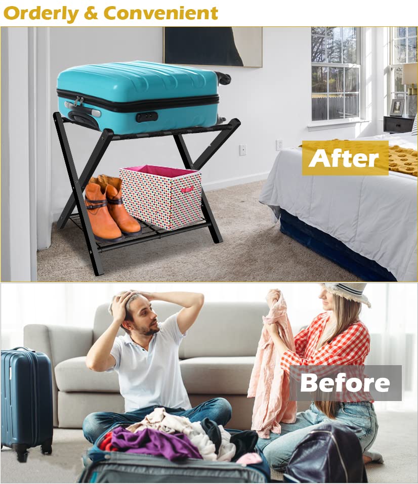 mocomax 1 Pack Folding Luggage Rack for Guest Room, Foldable Suitcase Stand Holder with Metal Storage Shelf for Bedroom, Living Room, Hotel Essentials, Heavy Duty Steel Frame, Black