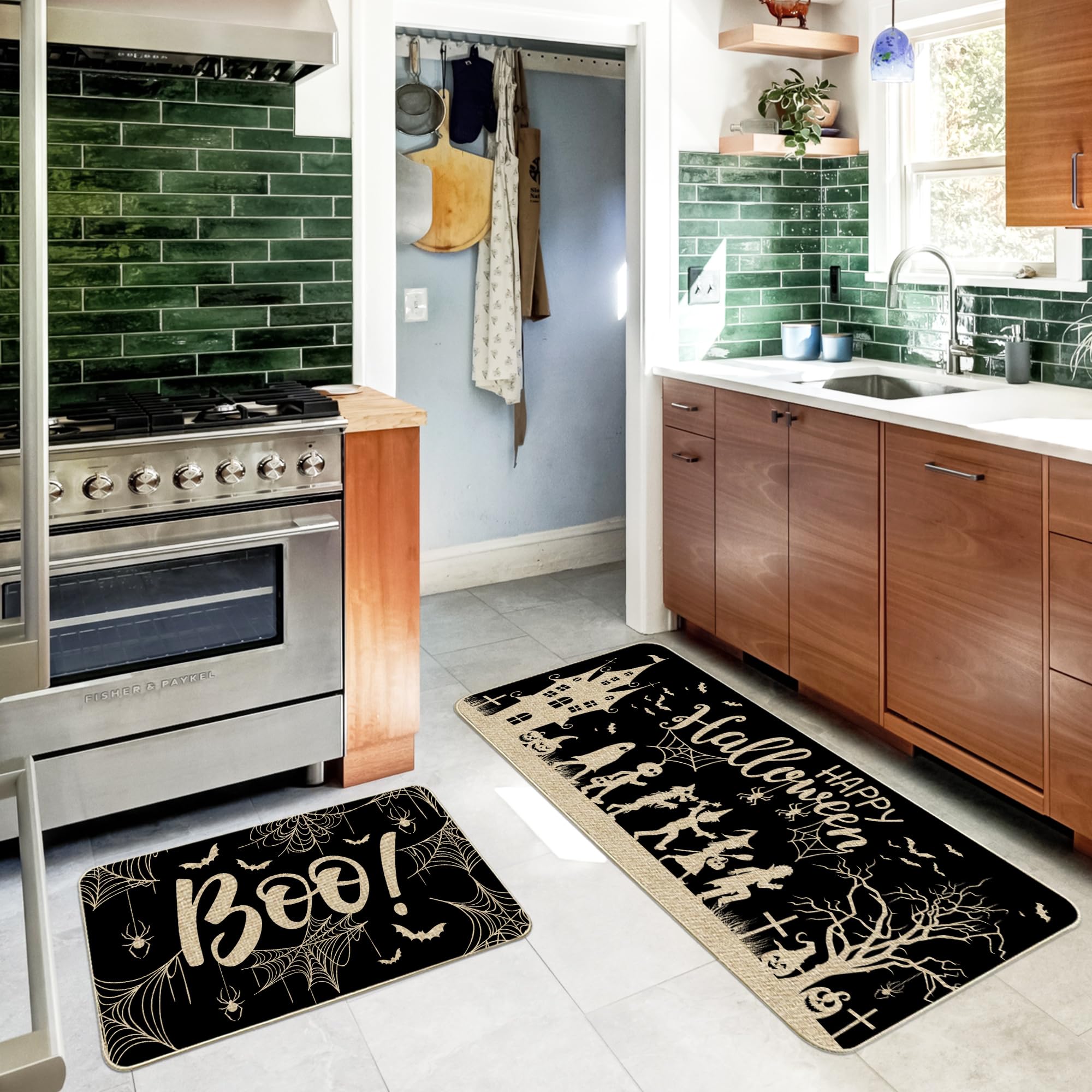 Halloween Kitchen Mats Set of 2, Happy Halloween Kitchen Rugs and Mats, Boo Black Spider Web Mats Kitchen Decor Mats for Floor, Decorative Halloween Kitchen Decor 17x29 Inch-17x47 inch