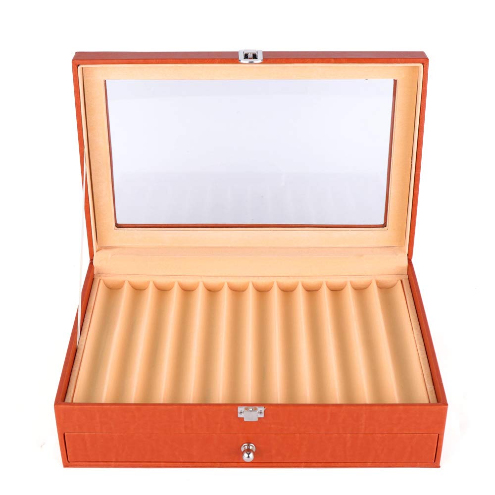 Pen Display Box 24 Piece Black Leather Flannel Pen Organizer Box,Glass Pen Display Case Storage Box with Lid,Top Glass Window Two Level Display Case with Drawer Pen Collection Display Case (Orange)