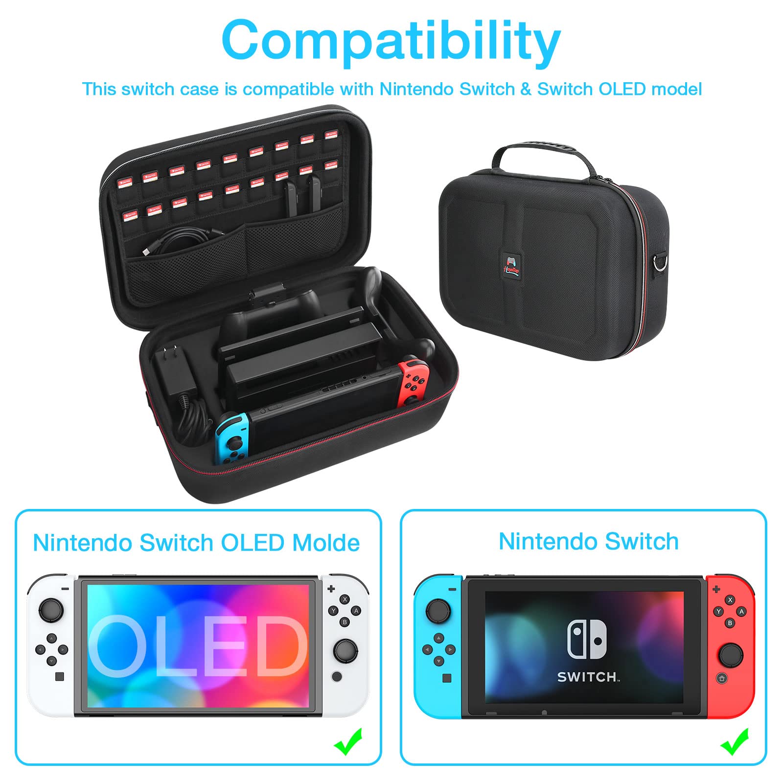HEYSTOP Tashce for Nintendo Switch/Switch OLED Model Accessories, Case for Nintendo Switch with Storage for Nintendo Switch Console and Controller, Black, Dark Black, Unisex