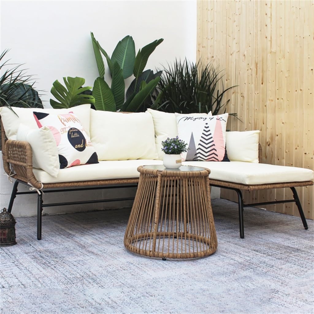 Generic Outdoor Patio Balcony L Shape Natural Color PE Wicker Sofa Set Round Tempered Glass Table and Furniture Cover
