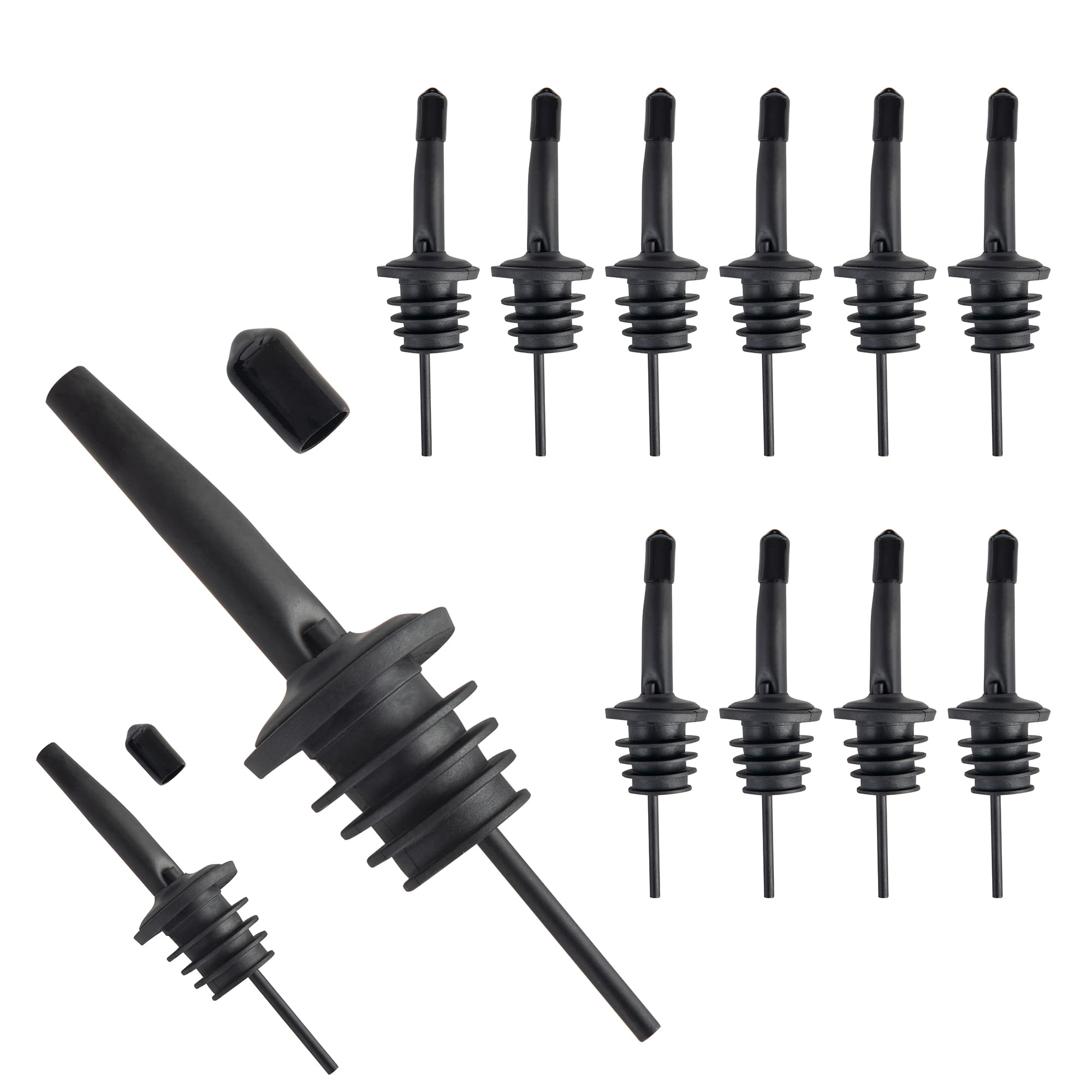 JNWINOG 12 Pack Liquor Pourers Stainless Steel Gold Classic Bottle Pourers Tapered Spout Liquor Bottle Pourers for Alcohol, Olive Oil Dispenser Spout with Rubber Cap (Matte Black)