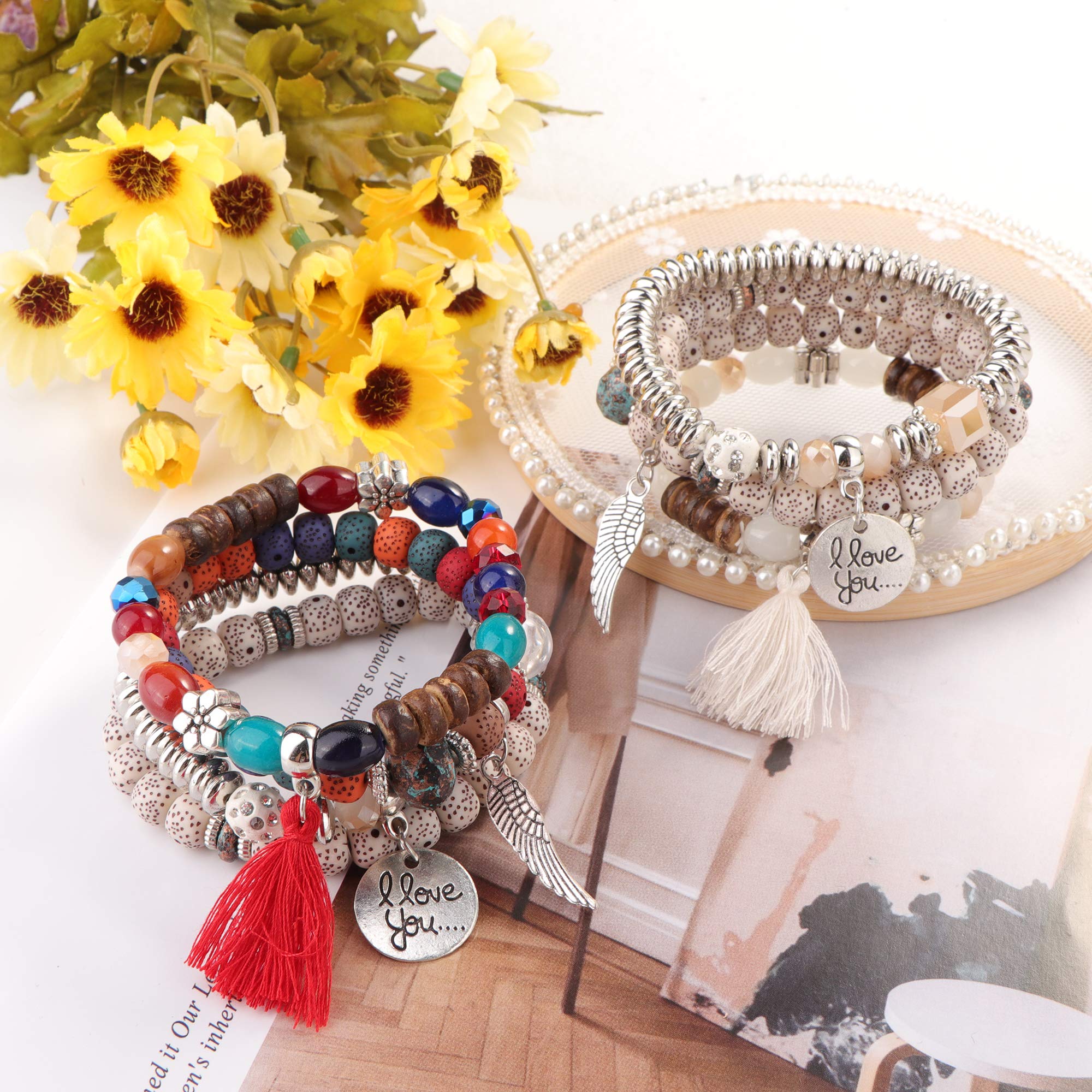 FIBO STEEL 8 Sets Bohemian Stackable Beads Bracelets for Women Boho Multilayer Stretch Wood Beads Bracelet Set Statement Charm Tassel Bangles