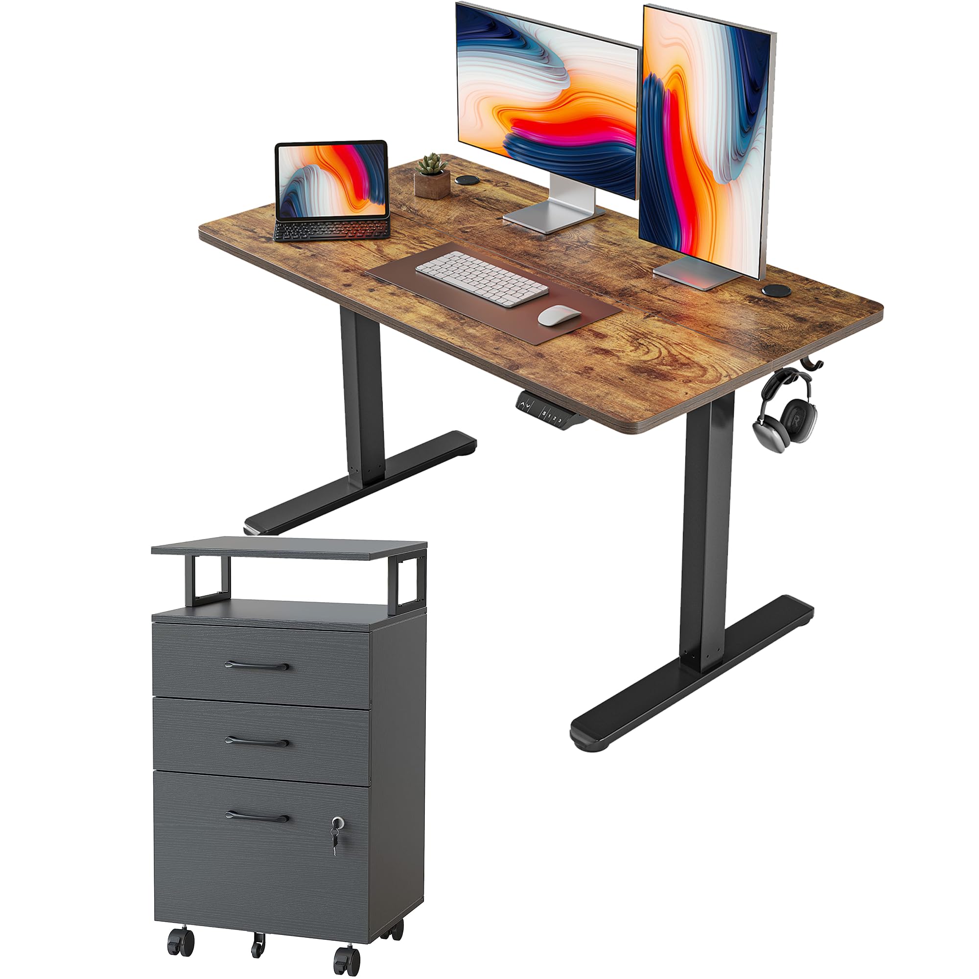 FEZIBO 48 * 24 Inches Height Adjustable Desk with 3-Drawer Rolling Filling Cabinet
