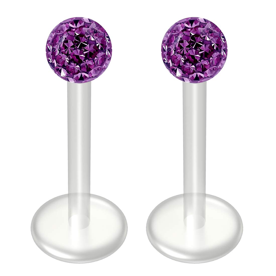 Evonix 2pc 16g Aurora Borealis Bioplast Labret Flexible Lip Stud Crystal BioFlex Hypoallergenic Jewelry 8mm