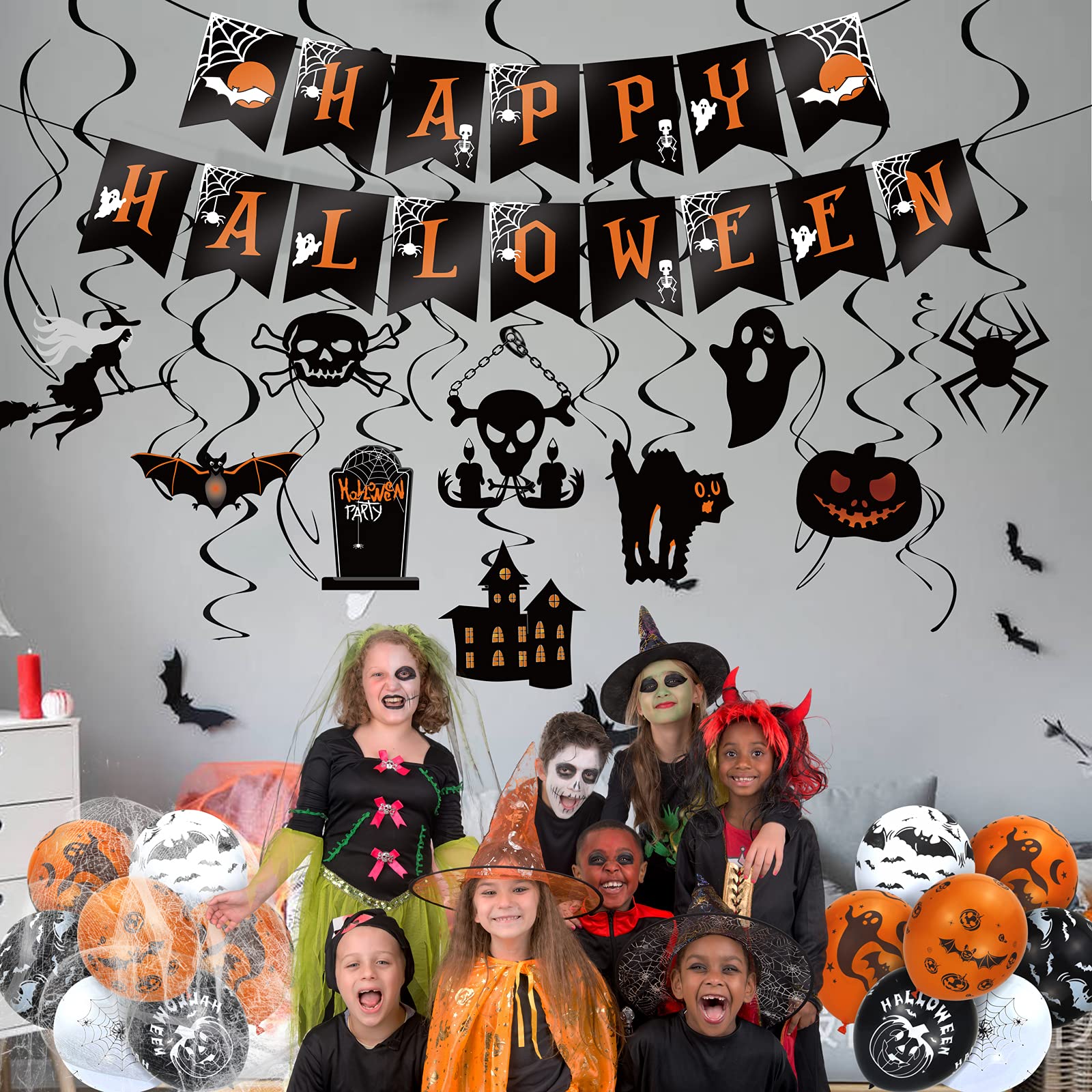 Halloween Party Hanging Decorations Kit- Halloween Hanging Swirl, Halloween Banner, Halloween Balloons with Halloween Spider Web Stretchable Cobweb for Halloween Indoor Outdoor Decoration