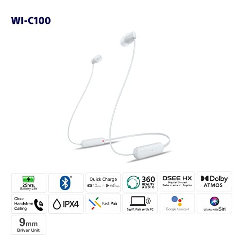 Sony WI-C100 Wireless in-Ear Bluetooth Headphones with Built-in Microphone, White