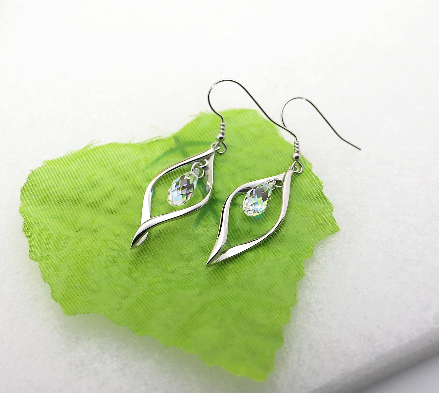 Fashion Swarovski Crystal Twist Leaf 925 Sterling Silver Drop Earrings for Women in Gold-plated