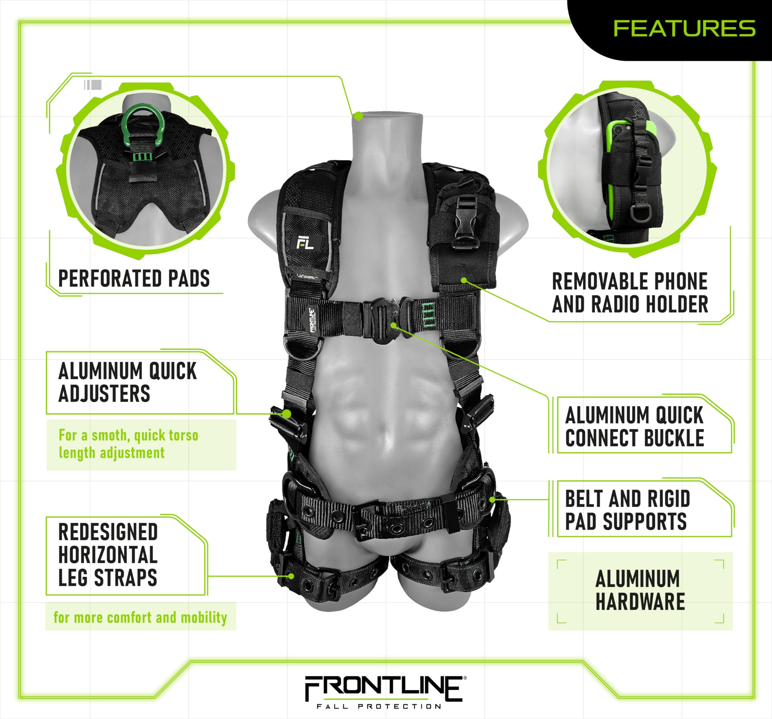 FRONTLINE FALL PROTECTION 250CTB Elite™ Construction Harness | Aluminum Hardware | Suspension Trauma Straps | Reflective Trim| Perforated Pads| OSHA&ANSI (Size:M/L)