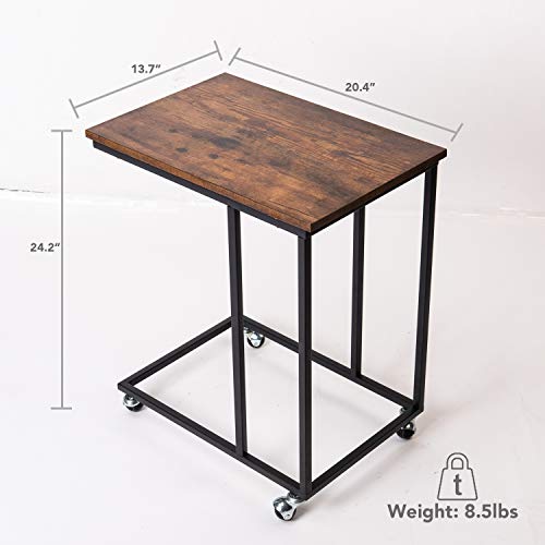Zoyoleader C Shaped End Side Table, Vintage Sofa Couch Table with Wheel, Industrial Bedside Table with Metal Frame for Living Room, Bedroom, Rustic Brown (C Shape)