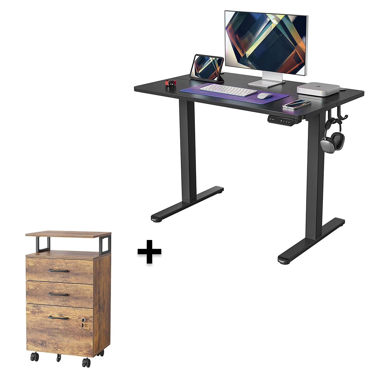 FEZIBO Height Adjustable Desk with and 3-Drawer Mobile File Cabinet