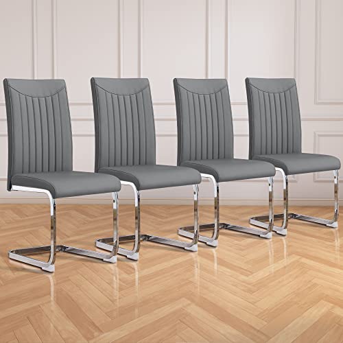 Modern Dining Chairs Set of 4, Kitchen Modern Metal Chairs with Faux Leather Padded Seat High Back and Sturdy Chrome Legs, Chairs for Dining Room, Grey