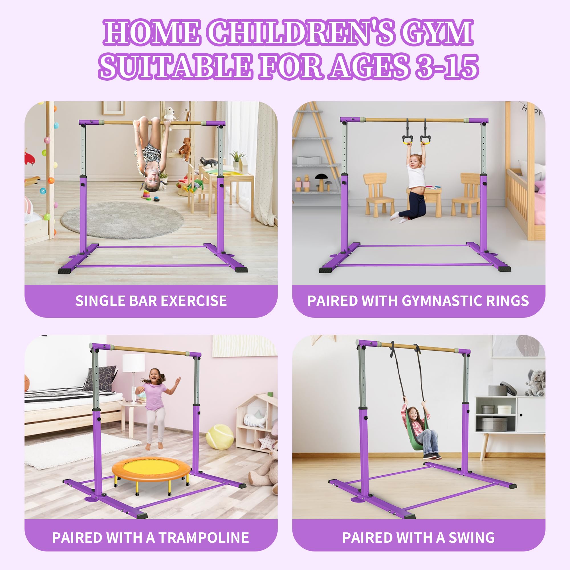 EL&IT·Wings Kip Bar,Horizontal Bar,Adjustable Height 3'-5' Gymnastics Bar,Fiberglass Rail & 304 Stainless Steel Regulating Arms,Kids and Gymnast Exercise Home&Gym Club Use (53*9.7*7inch, Purple, 1)