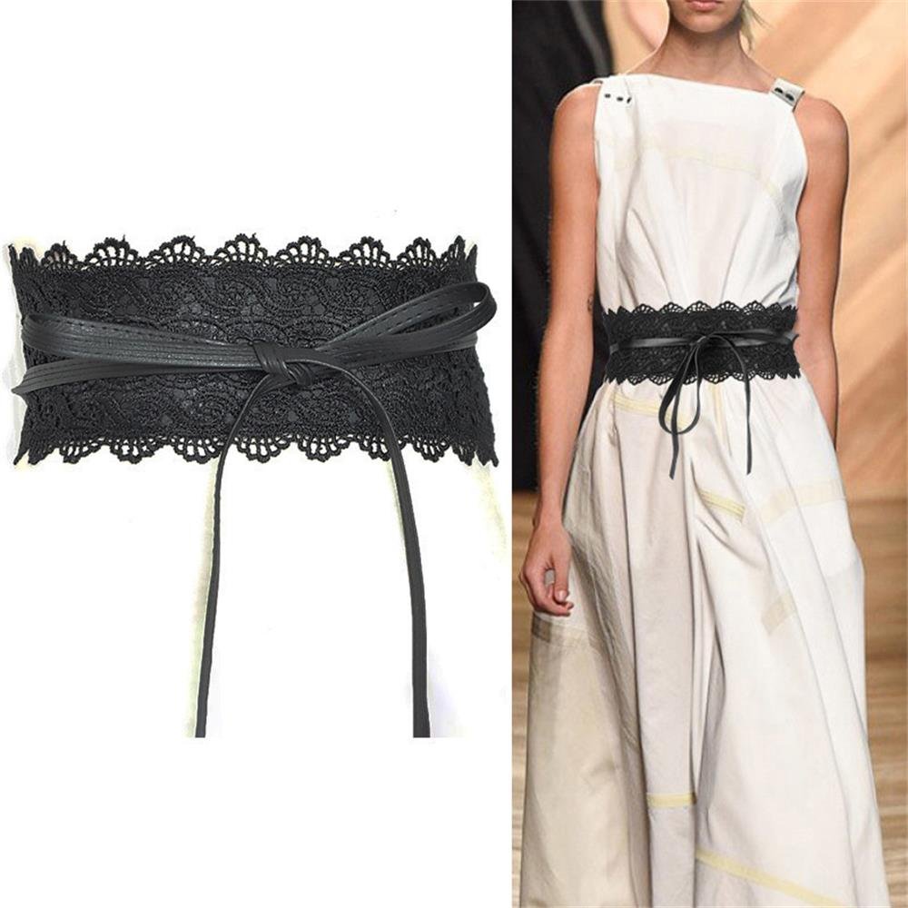 FIEIJ Women's Lace Waist Belt Bow Tie Wrap Around Soft Leather Boho Corset Elegant for Dresses (Dark Blue)