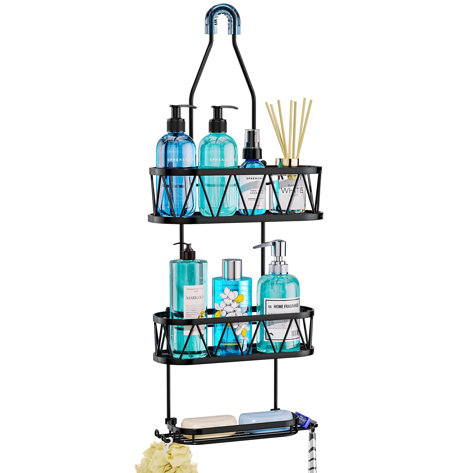 HapiRm Shower Caddy over Shower Head, Rustproof & Waterproof Home Decor with Soap Holder & 4 Hooks, No Drilling Hanging Shower Organizer for Bathroom - Black