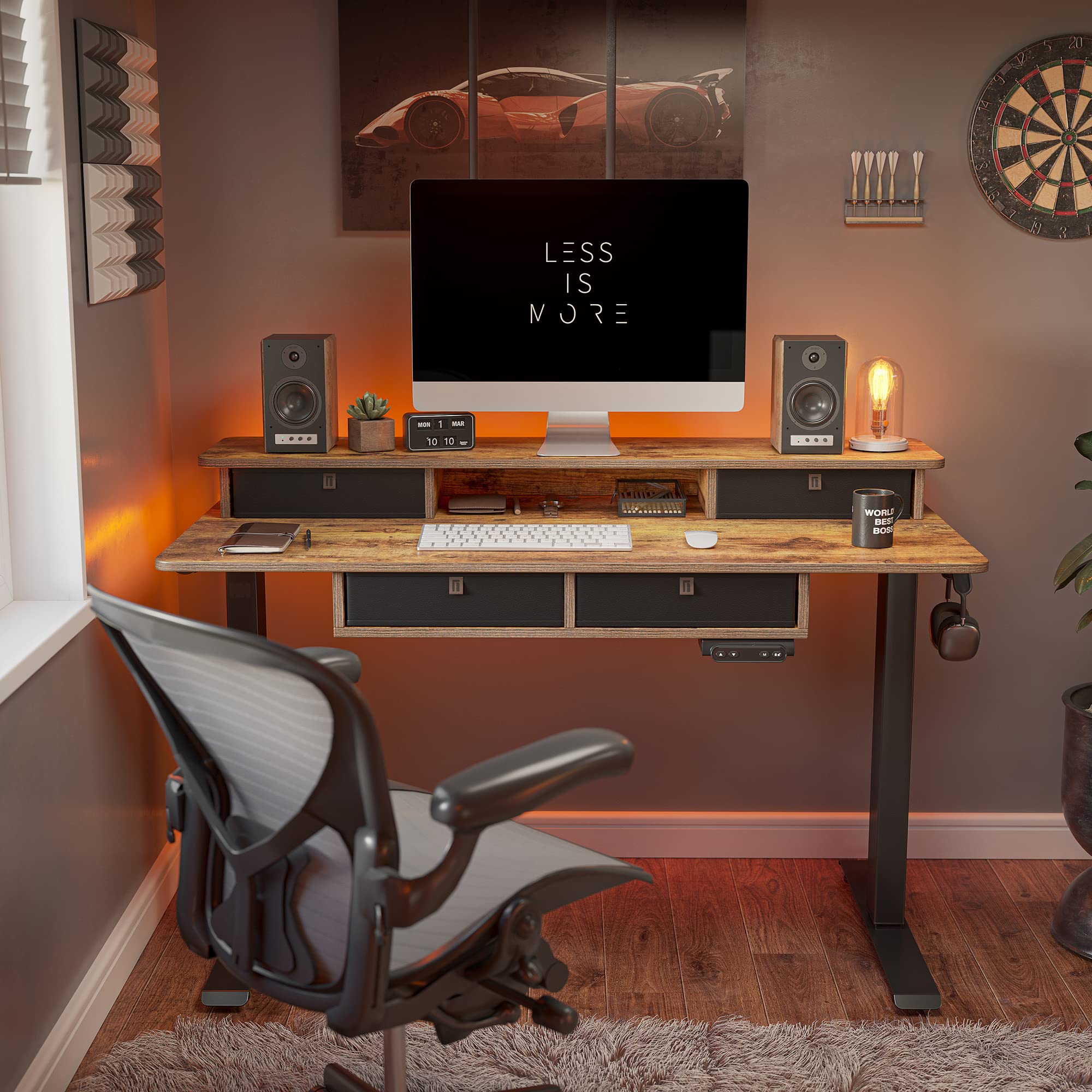 FEZIBO Height Adjustable Desk with 4 Drawers Storage and Anti Fatigue Mat