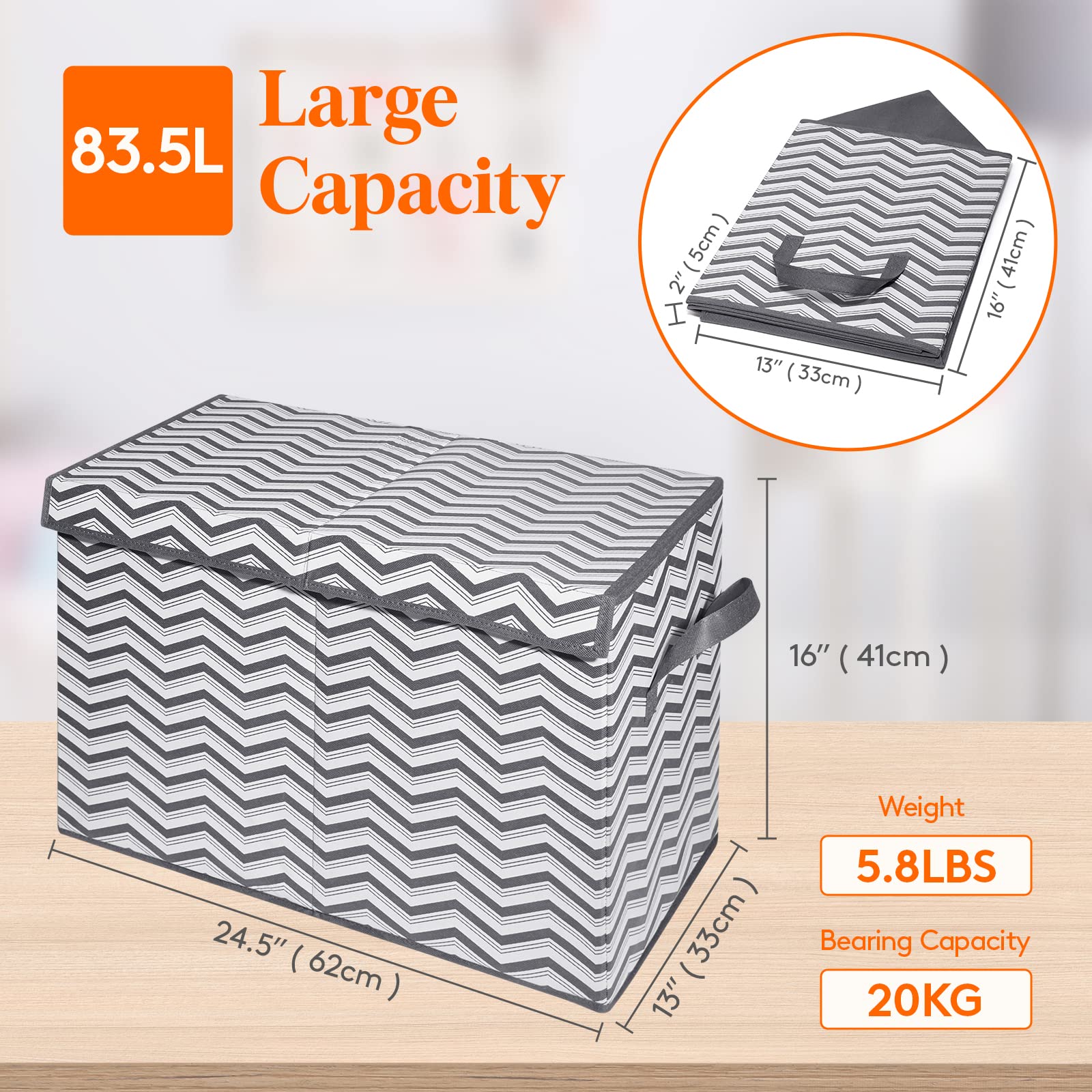 Lifewit Box Chest Storage Organizer, Large Collapsible Storage Bin with Flip-top Lid & Durable Handles for Playroom, Bedroom, Grey