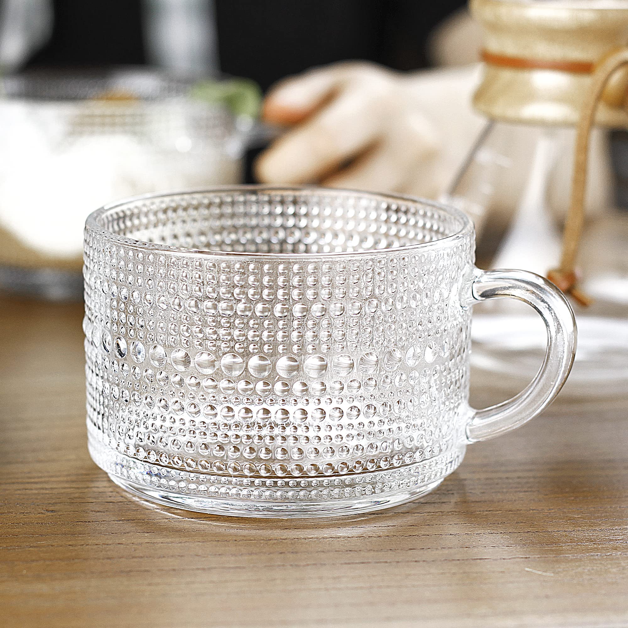 LUXU Vintage Coffee Mugs 14 oz Set of 4 Glass Tea Cups Stackable Glass Coffee Cups,Cute Coffee Bar Accessories,Iced Coffee Glasses,Clear Embossed Glass Cups for Cappuccino,Latte,Cereal,Yogurt,Milk