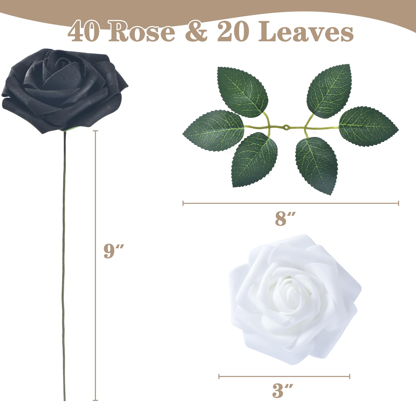 HappyHapi 40Pcs Artificial Flowers Roses Bulk Black&White Foam Fake Roses with Stems for Wedding, Bridal Shower Decorations Fake Flowers Centerpieces Tables Decorations
