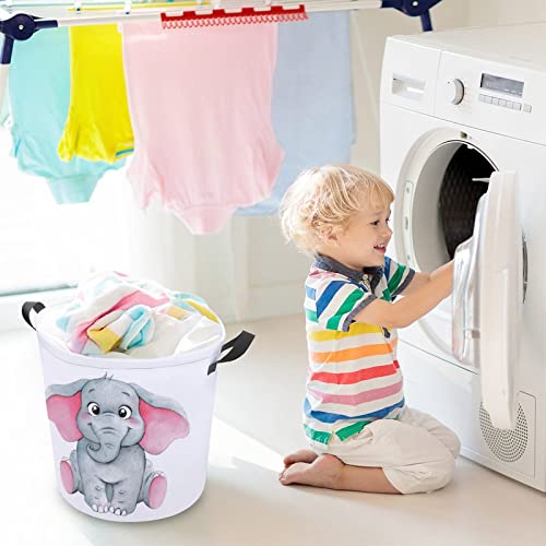 Watercolor Animals Waterproof Laundry Baskets Elephant Panda Hippo Collapsible Laundry Hamper with Handles Large Round Toy Bin for Dirty Clothes,Kids Toys,Bedroom,Bathroom