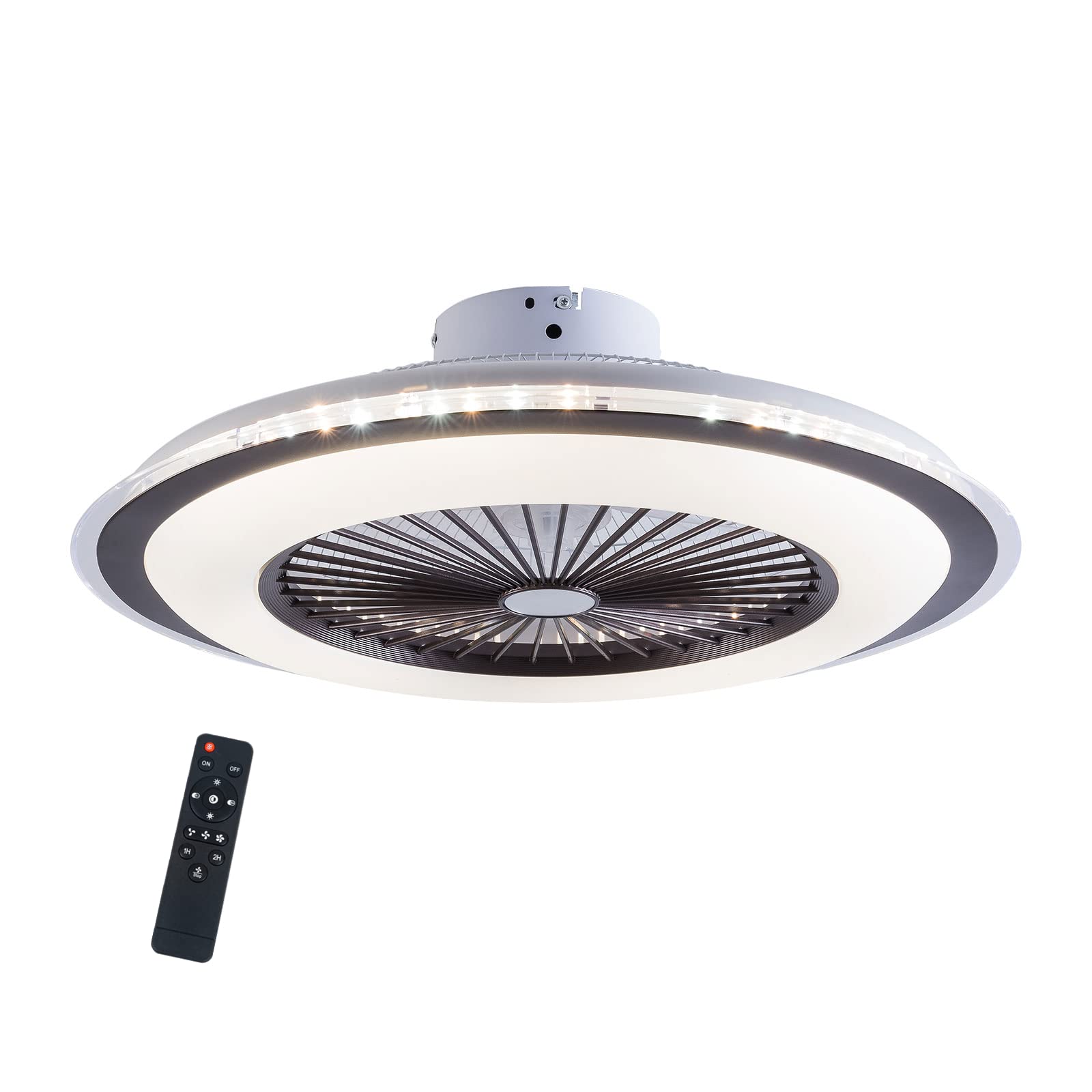 Gdrasuya10 Flush Mount Ceiling Fan with Lights Remote Control 23inch Bladeless Ceiling Fandelier Lighting SMD LED Invisible Low Profile Ceiling Fans Dimmable 3 Color 3 Speed Time Setting (Brown)