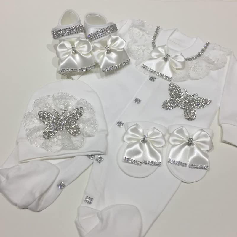 Luxurious handmade Baby Girl/Boy Hospital Exit born Bling Outfits Layette Set Special Occasion Outfit, style6, N/3, White and Silver