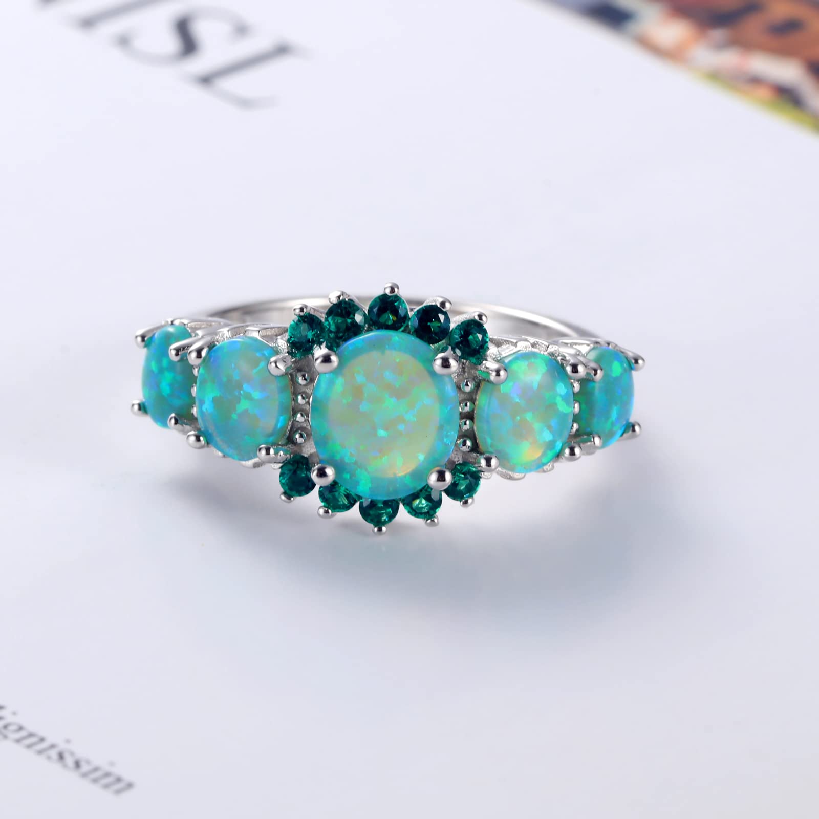FEELDAN White Gold Plated Sterling Silver Cubic Zirconia & Fire Opal Prong Setting Birthstone Rings