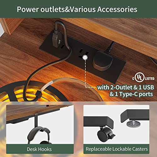 FEZIBO Triple Motor L Shaped Stadning Desk with LED Strip & Power Outrlets,63 inches Height Adjustable Stand up Corner Desk with Ergonomic Monitor Stand, Black Frame/Black Walnut Top