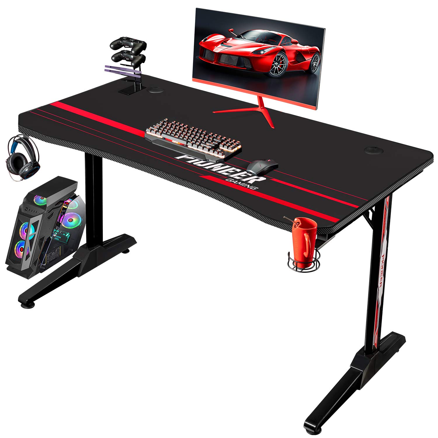 Flamaker Gaming Desk 44 Inch Gaming Table Computer Desk Gamer Table T Shape Game Station with Large Carbon Fiber Surface, Cup Holder & Headphone (Black)