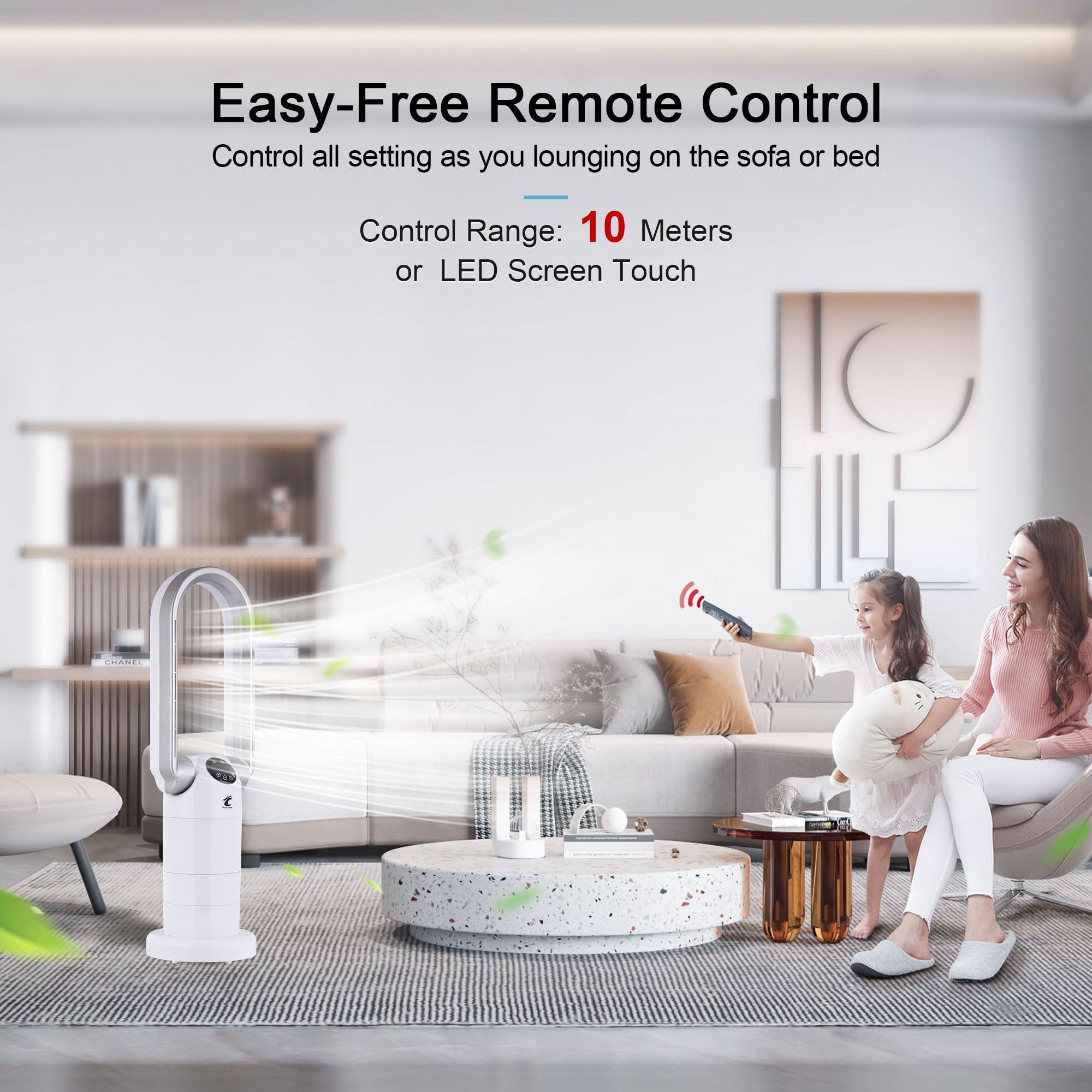 Ocean Loong 1500W Space Heater & Bladeless Tower Fan for Bedroom Home Office, Eco Ceramic Heater with Adjustable Thermostat, 120°Oscillating & Tilt Head, Remote, Timer, Table Fan AB01H (White)
