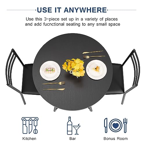 VECELO 3 Piece Kitchen Dining Room Set, Wood Round Table for Breakfast Nook Small Space, Dinette with 2 Cushioned Chairs, Matte Black