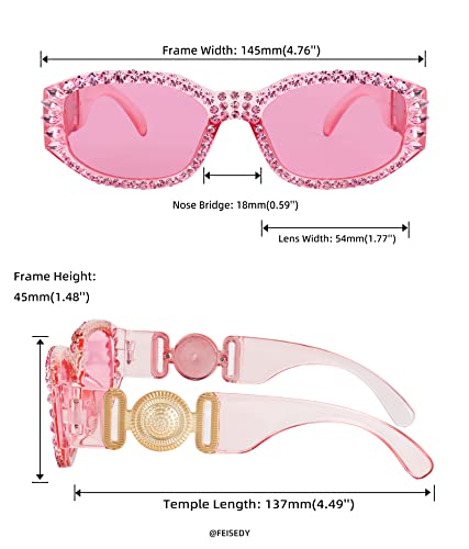 FEISEDY Chunky Rectangle 90s Sunglasses Men Women Crystal Sunglasses UV400 Sparkling Fahion Temple B2880