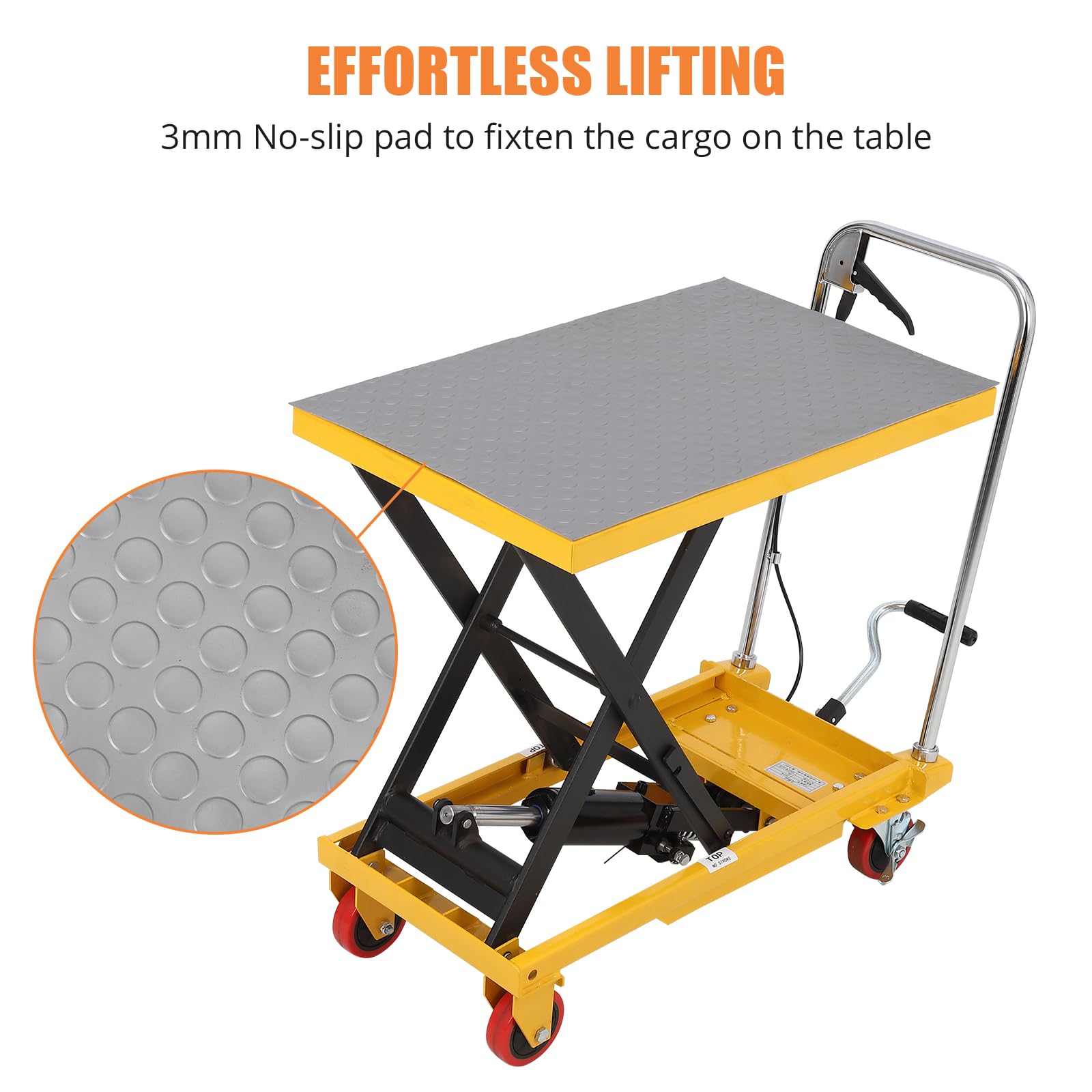 Hydraulic Lift Table Cart 500lbs, Lift Table Capacity 28.4" Lifting Height, Manual Single Scissor with Pressure Relief Bar, 4 Wheels Non-Slip Pad Thickness 3mm for Material Handling