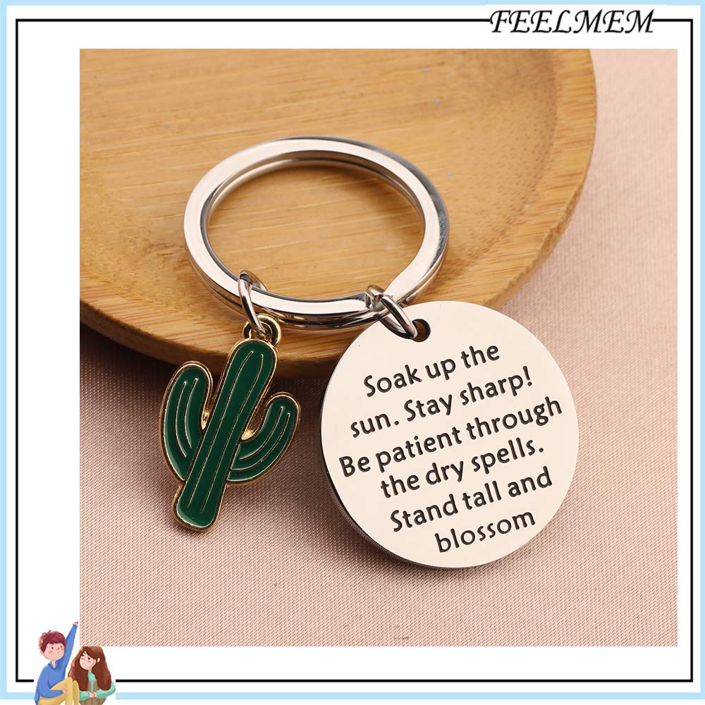 FEELMEM Saguaro Cactus Keychain Soak Up The Sun Stand Tall and Blossom Inspirational Cacti Charms Keychain for Friend Plant Lover Gift (silver)