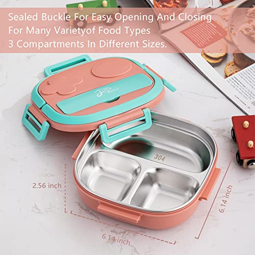 Lille Home 18oz Stainless Steel Leakproof 3-Compartment Bento Lunch Box/Portion Control Food Container with Lunch Bag and Foldable Spoon, BPA Free (Pink)