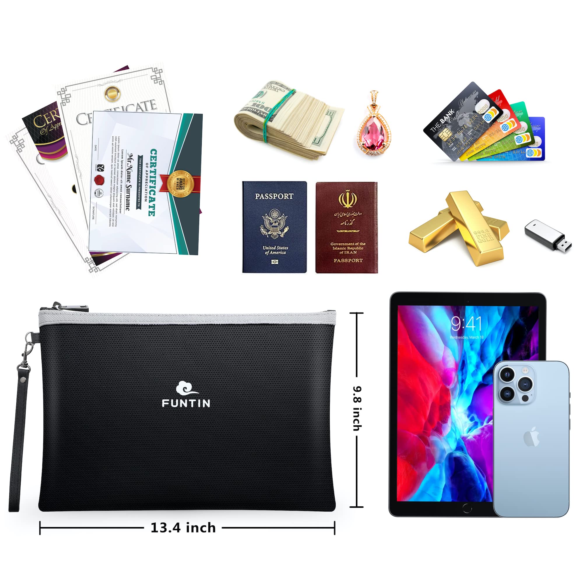 Funtin Fireproof Document Bag, 13.4"x9.8" 2000°F Fire Safe Waterproof Money Pouch for Cash Passport Certificate Legal File ID Credit Card (MAX)