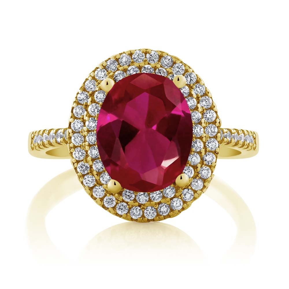 Gem Stone King 18K Yellow Gold Plated Silver Red Created Ruby Ring For Women (3.30 Cttw, Oval 9X7MM, Available in size 5, 6, 7, 8, 9)