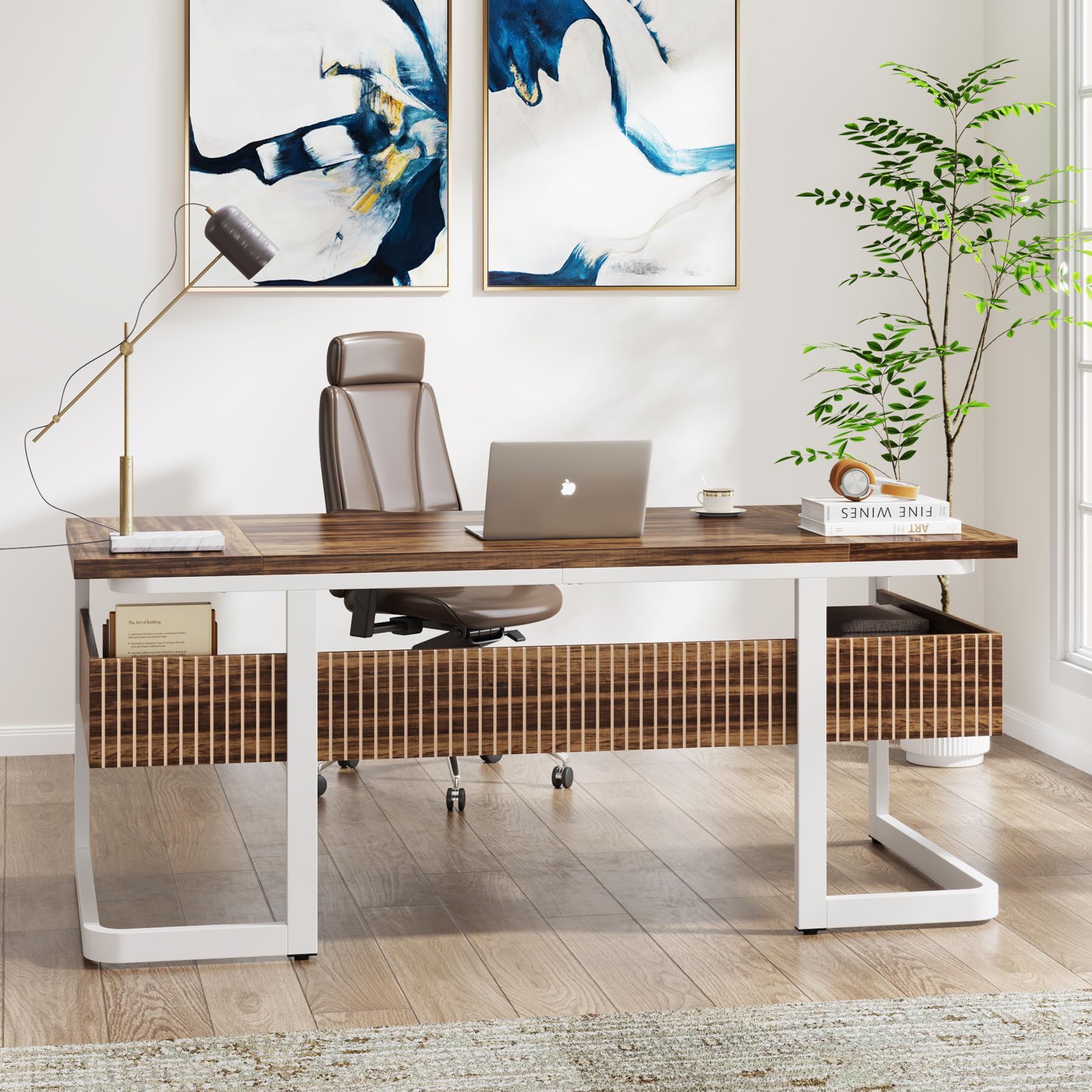 Tribesigns 63" Executive Desk with Bottom Shelves, Large Office Computer Desk, Modern Simple Workstation Business Furniture for Home Office (Walnut & White)
