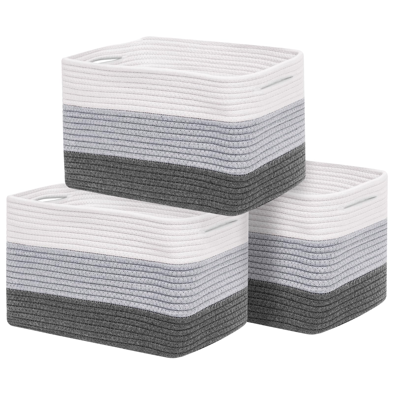 Fuyamp 3 Pack Rope Baskets Storage Cube, Woven Cotton Baskets for Shelves 15.3" x 9.8" x 9.4" Baby Nursery Cube Bin with Handles, Laundry Blanket Basket, Toy Storage for Laundry Room,Bedroom