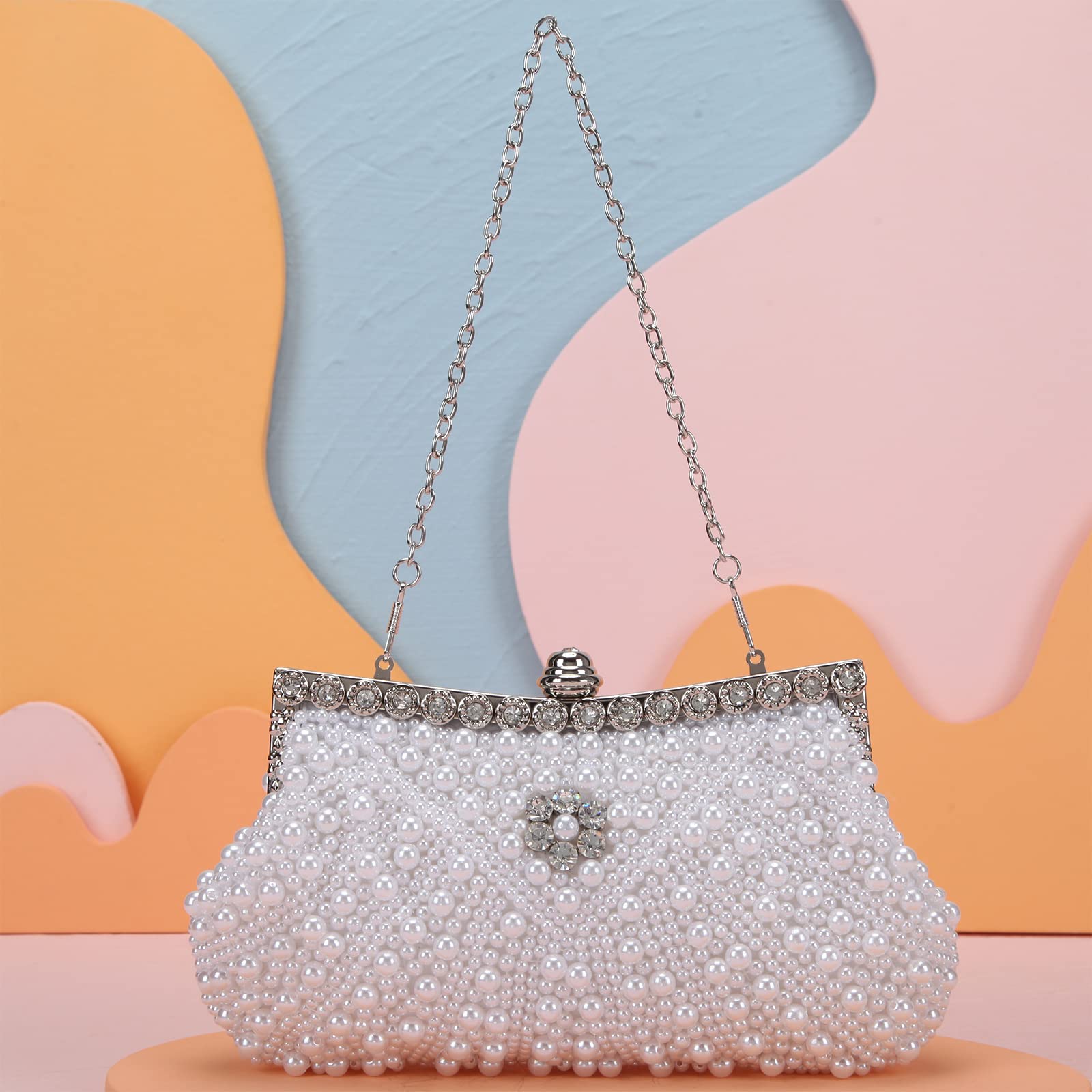 Fawziya Evening Clutch Bling Rhinestone Faux Pearl Soft Novelty Purses For Women Formal-White