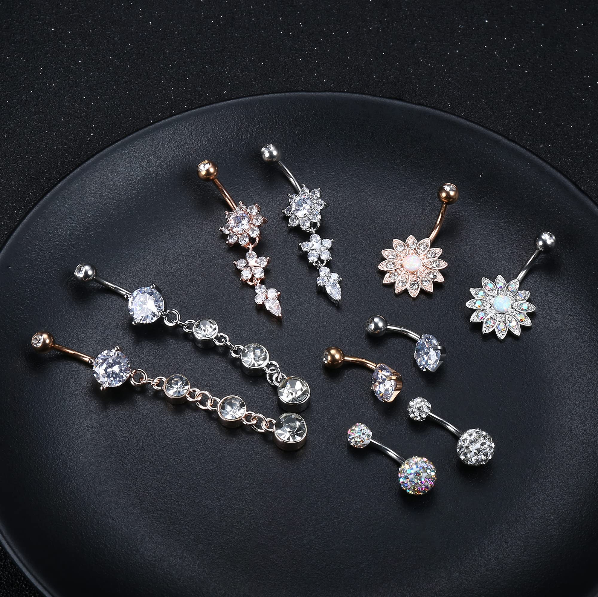 FIBO STEEL 10 Pcs 14G Stainless Steel Dangle Belly Button Rings Navel Barbell Body Jewelry Piercing
