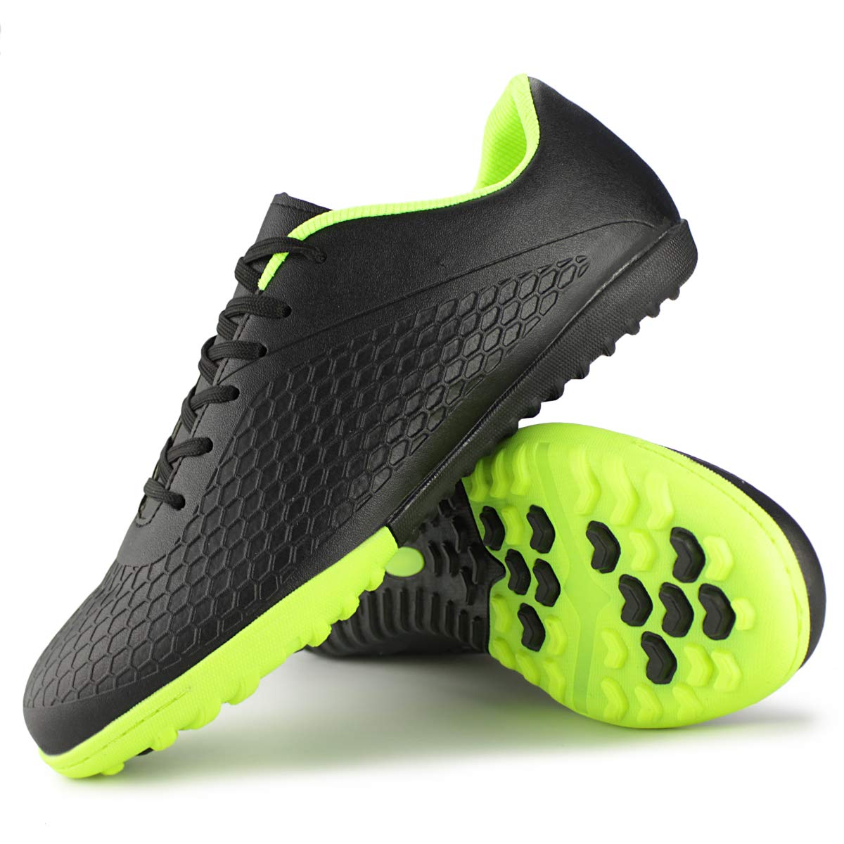 Hawkwell Men's Turf Soccer Shoes Outdoor/Indoor Comfortable Soccer Cleats, Black Lime PU, 7 M US